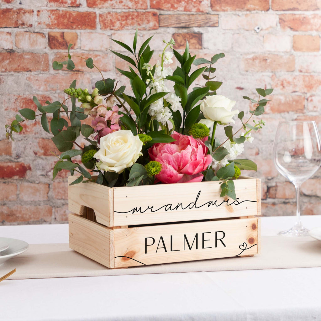 Minimal Script Wedding Table Centrepiece Crate – No Ordinary Weddings