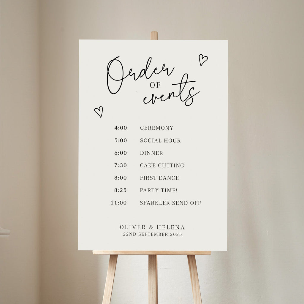 Scattered Hearts Order of Events Wedding Sign – No Ordinary Weddings