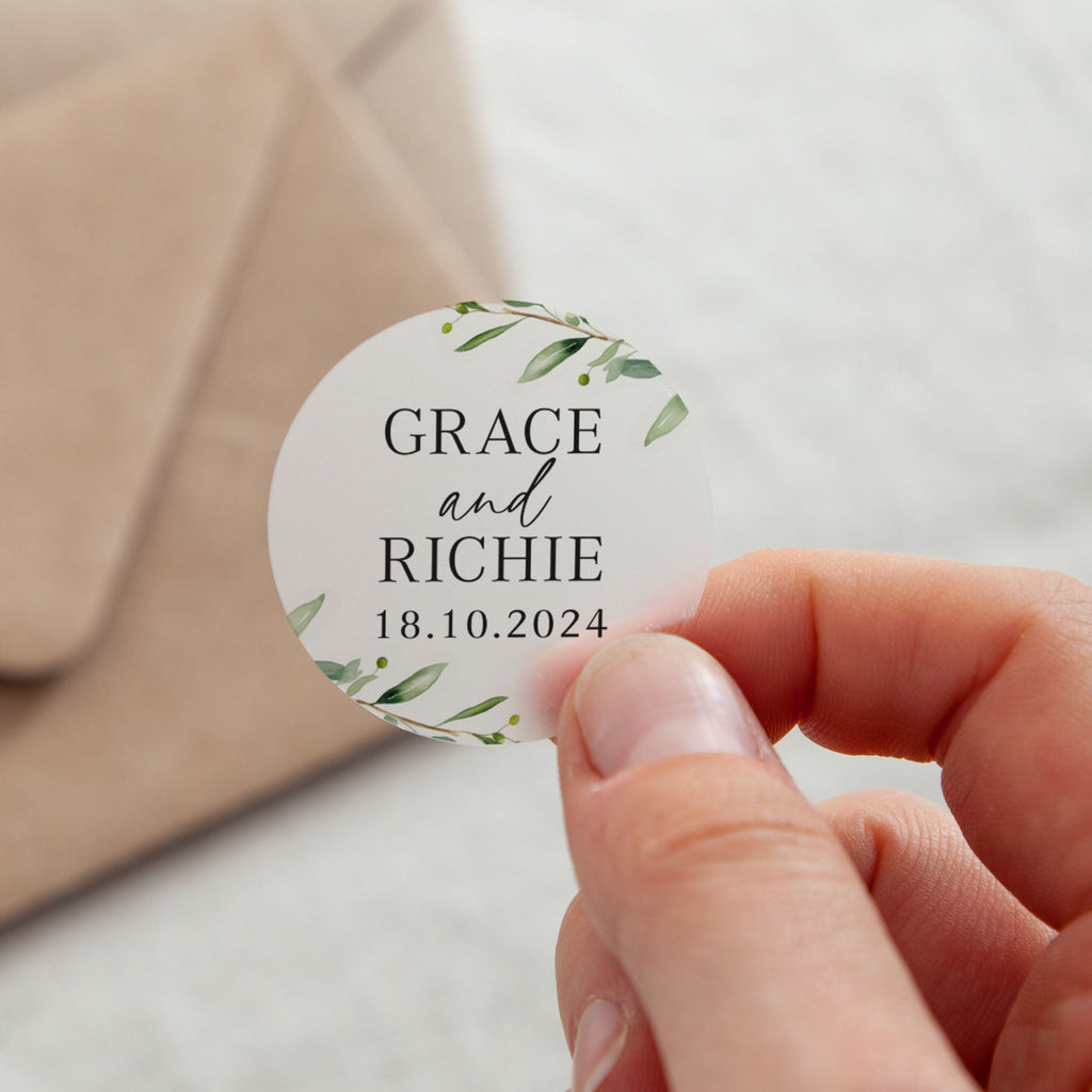 Olive Names & Date Printed Wedding Stickers – No Ordinary Weddings