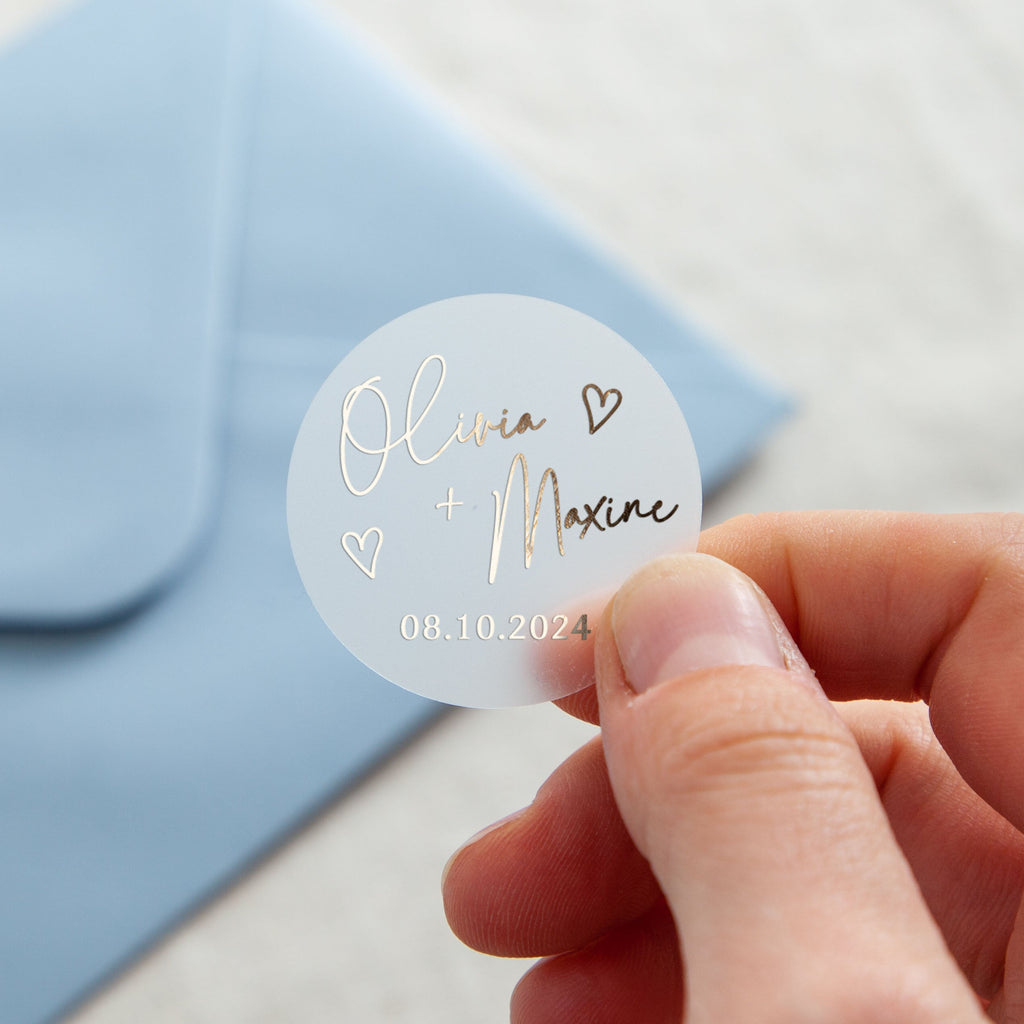 Scattered Hearts Names & Date Foiled Wedding Stickers – No Ordinary ...