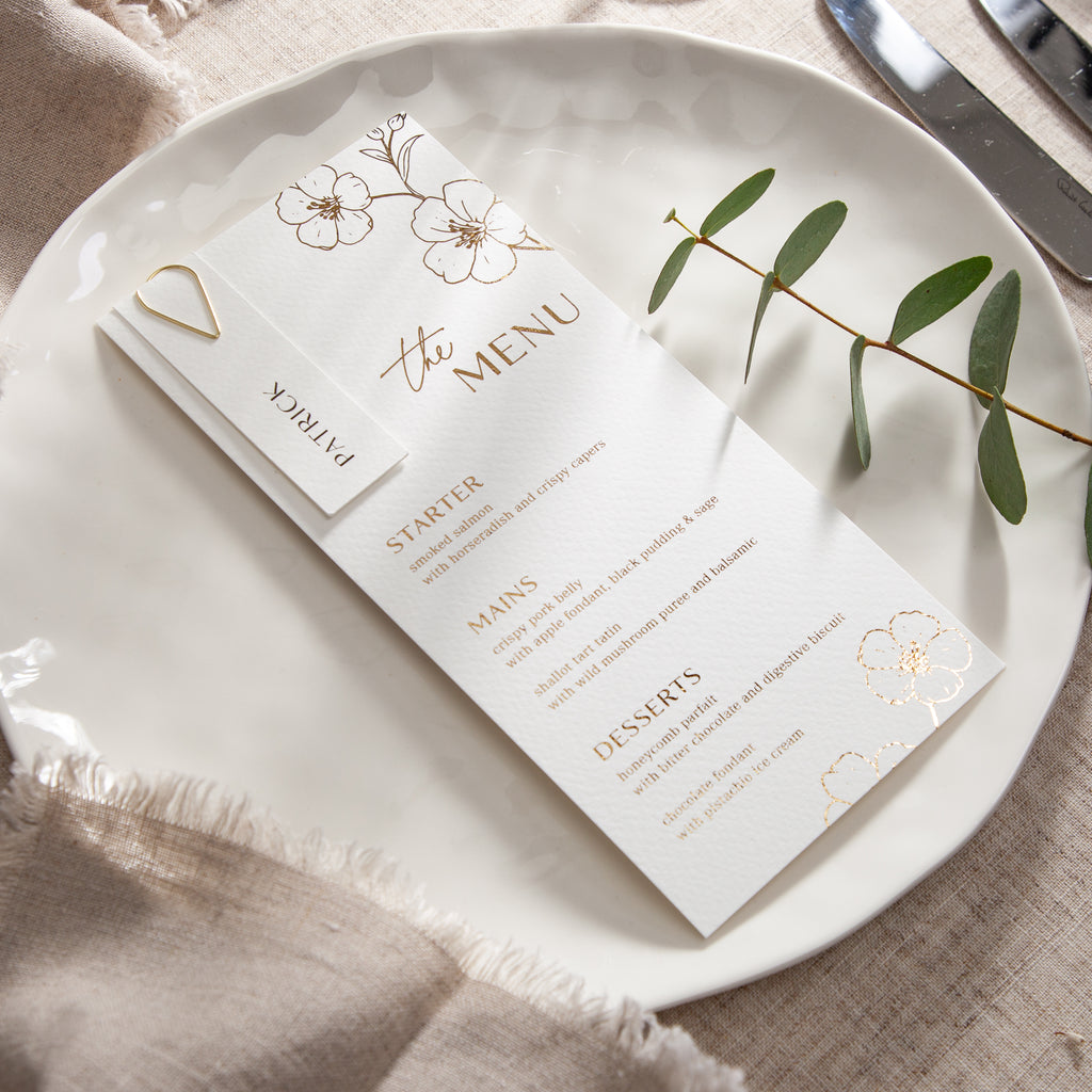 Blossom Foiled Wedding Menus – No Ordinary Weddings
