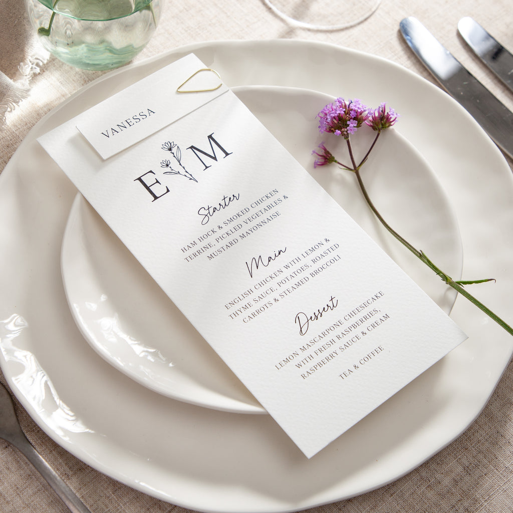 Floral Line Drawing Wedding Menus – No Ordinary Weddings