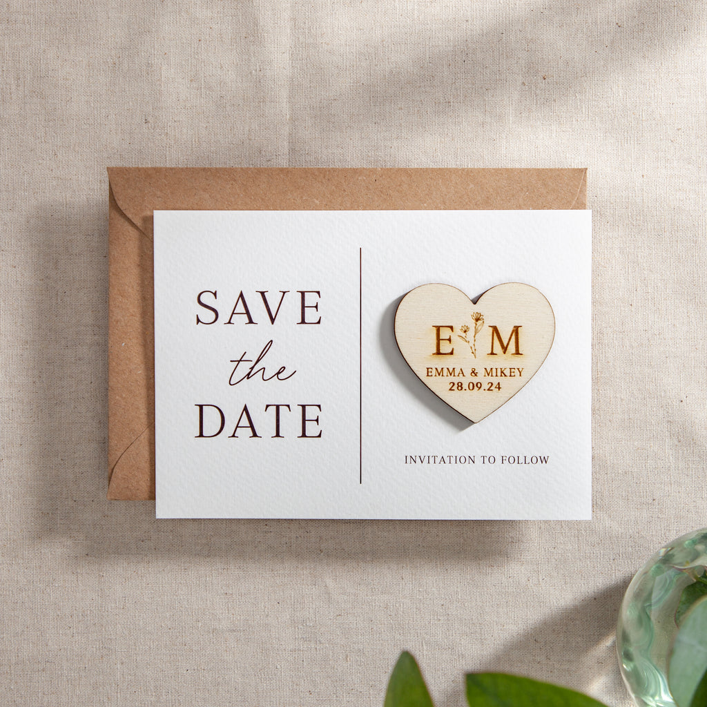 Floral Line Drawing Save the Date with Heart Magnet – No Ordinary Weddings