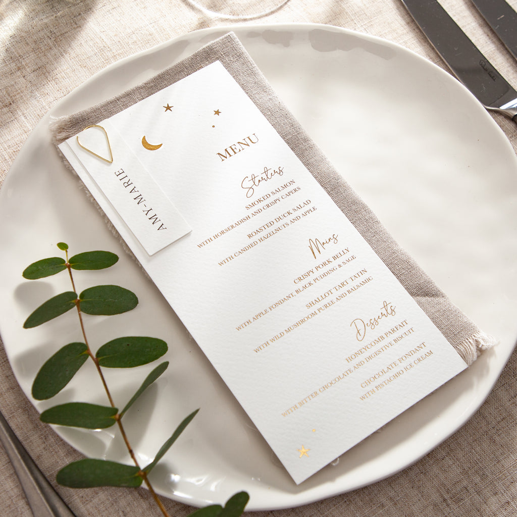 Moon & Stars Foiled Wedding Menus – No Ordinary Weddings