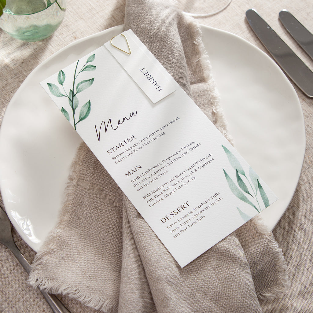 Watercolour Leaves Wedding Menus – No Ordinary Weddings
